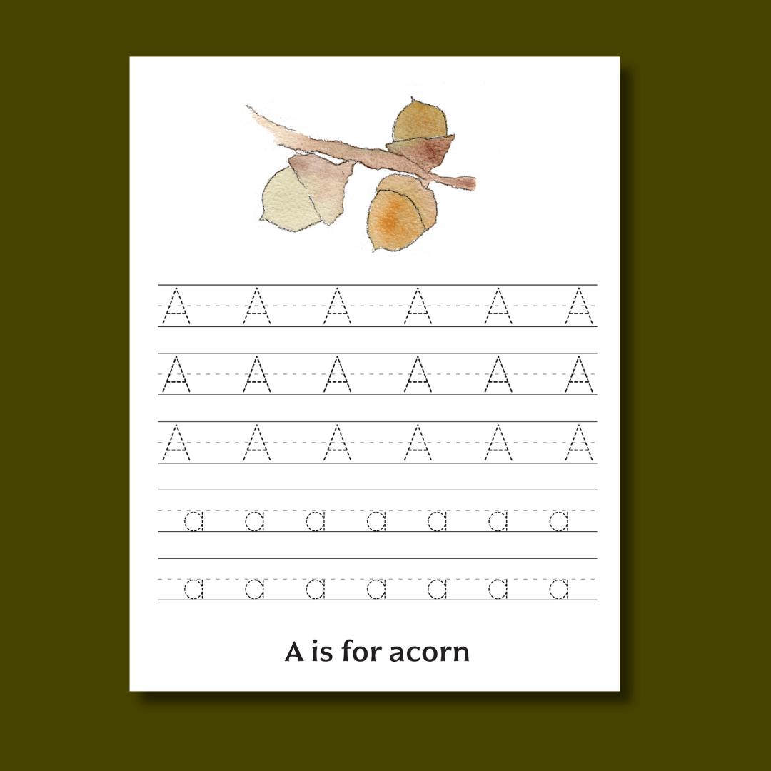 Nature Alphabet Tracing Worksheets – Acorn to Oak